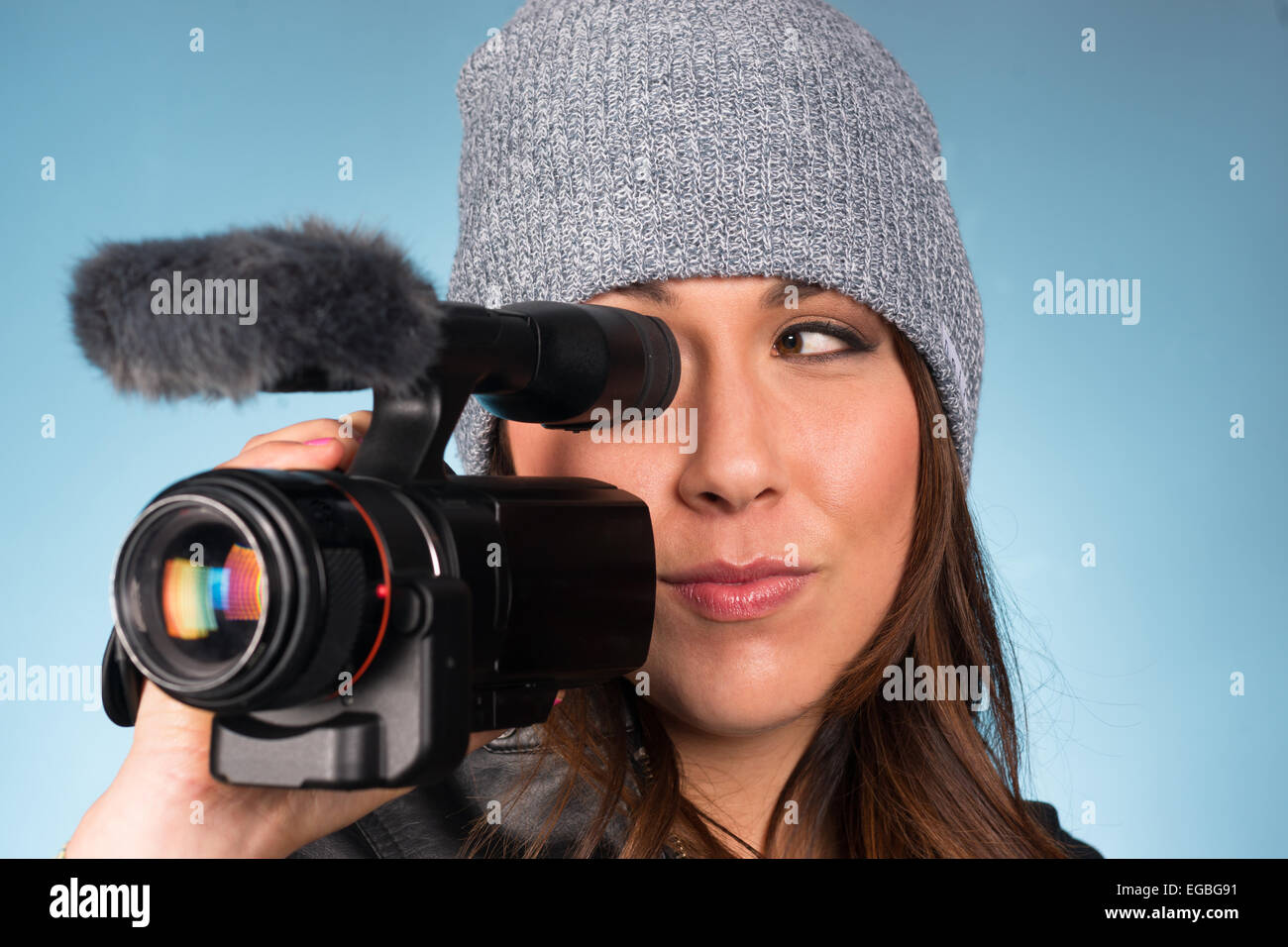 Horizontal Composition of Hip Young Adult Female Pointing Video Camera ...