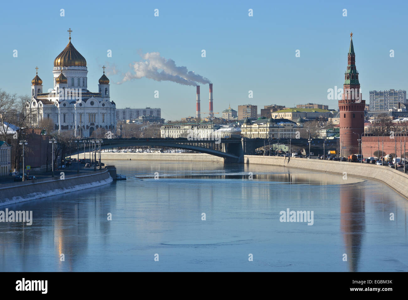 Sights of Moscow, photographed clear February morning. Moscow river ...