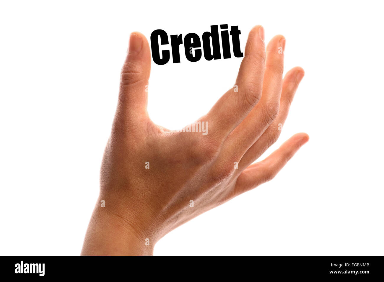 Horizontal shot of a hand holding the word "Credit" between two fingers ...