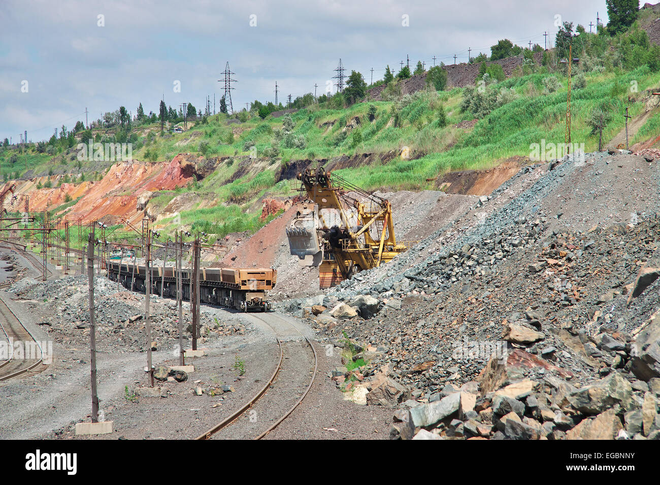Excavator loading iron ore to the train on the opencast mining site ...