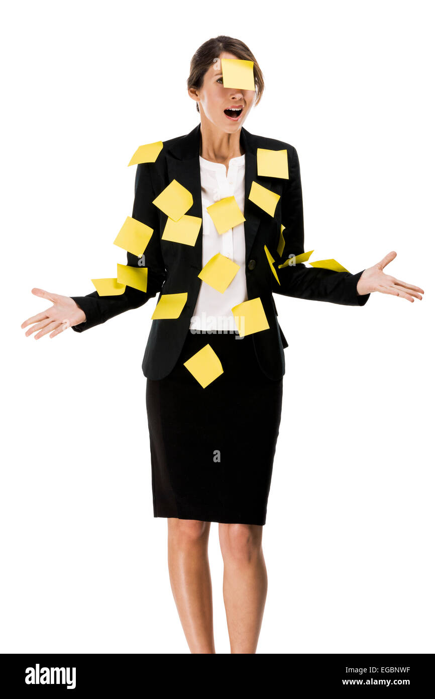 Business woman with yellow paper notes all over the body, isolated over ...