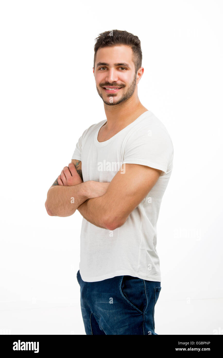 Beautiful and happy man smiling with hands folded Stock Photo - Alamy