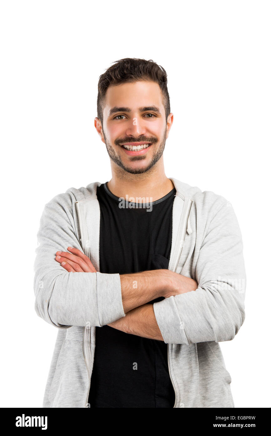 Beautiful and happy man smiling with hands folded Stock Photo - Alamy