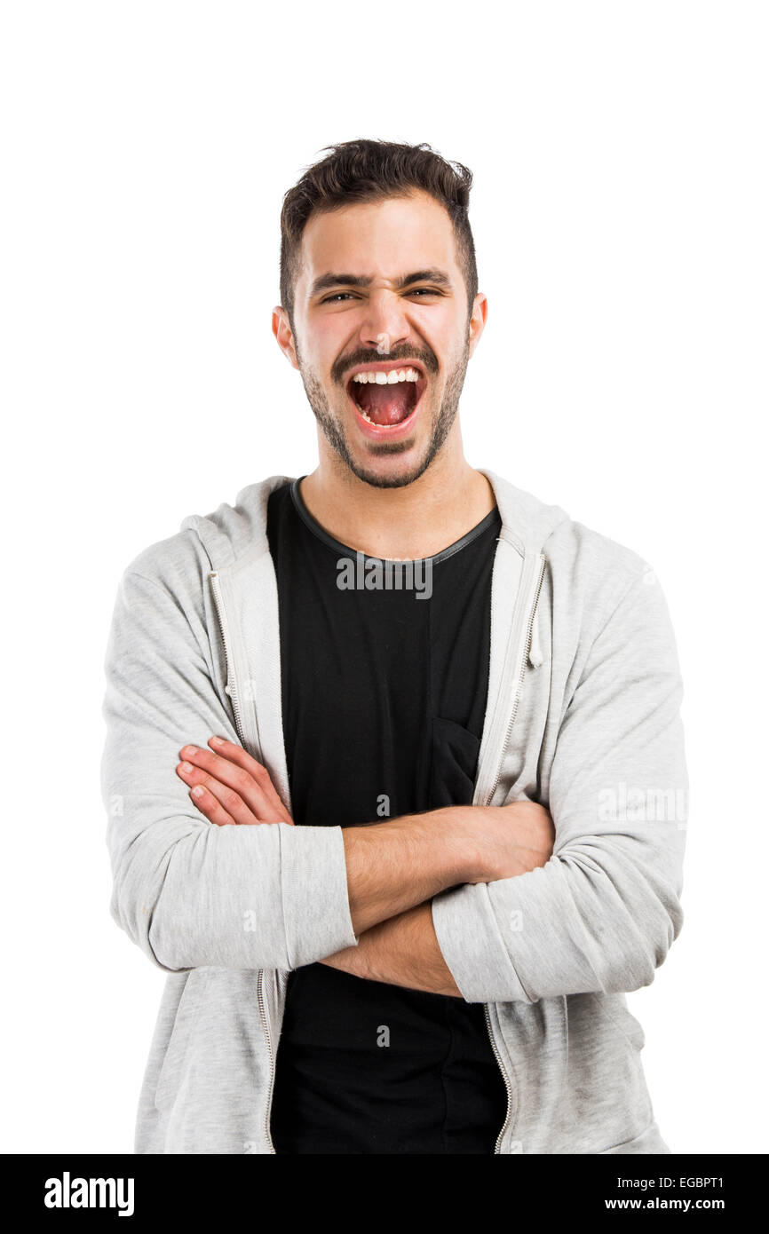 Beautiful and happy man smiling with hands folded Stock Photo - Alamy