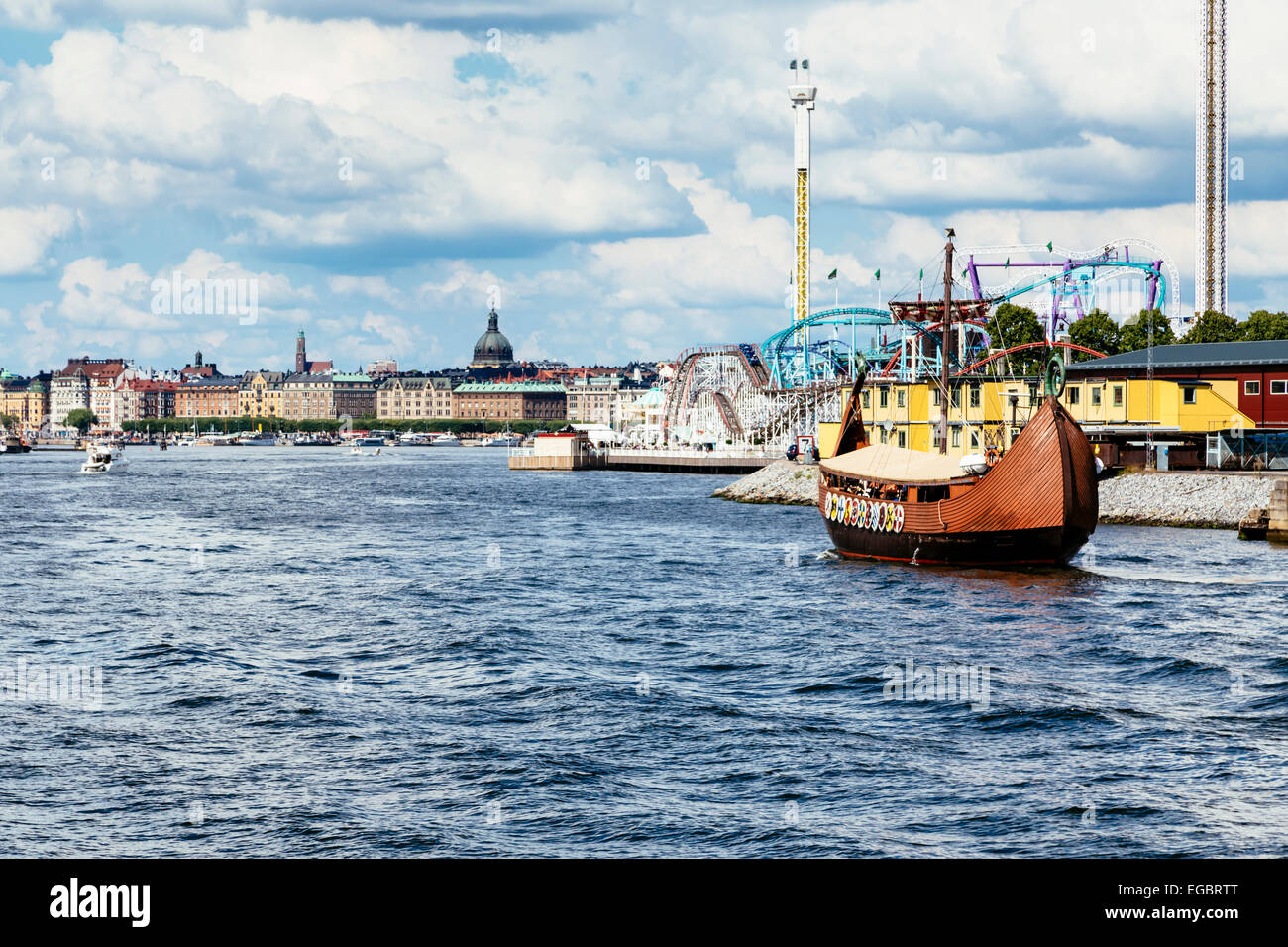 Stockholm harbour in summer, Sweden, with tourist viking boat Stock ...