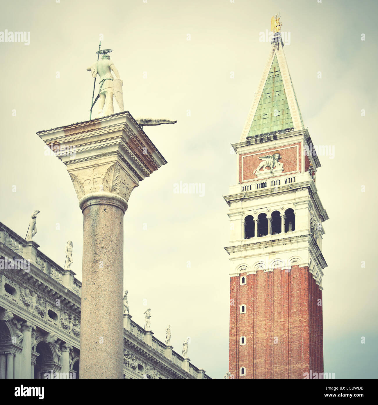 Campanile and statue of St.Theodore on San Marco square, Venice, Italy ...