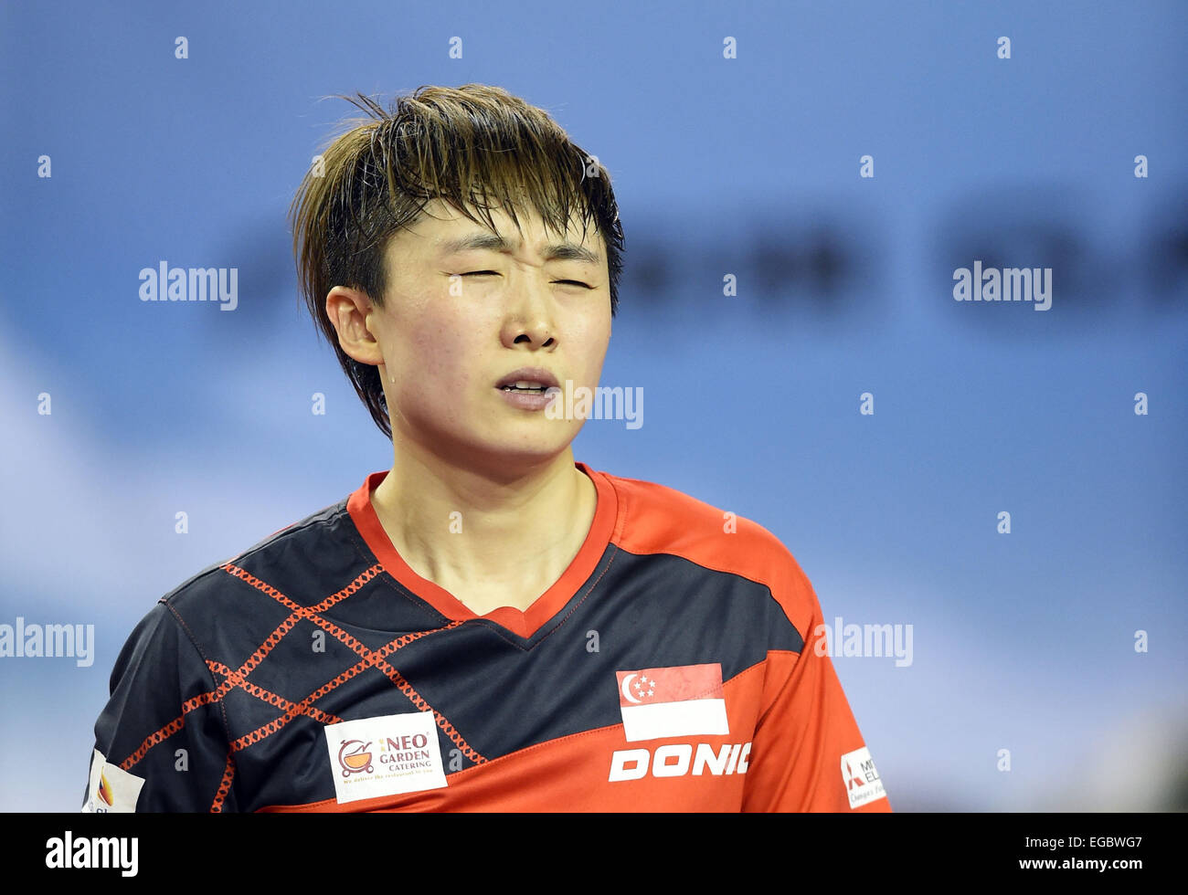 Doha, Qatar. 22nd Feb, 2015. Singapore's Feng Tianwei reacts during the ...