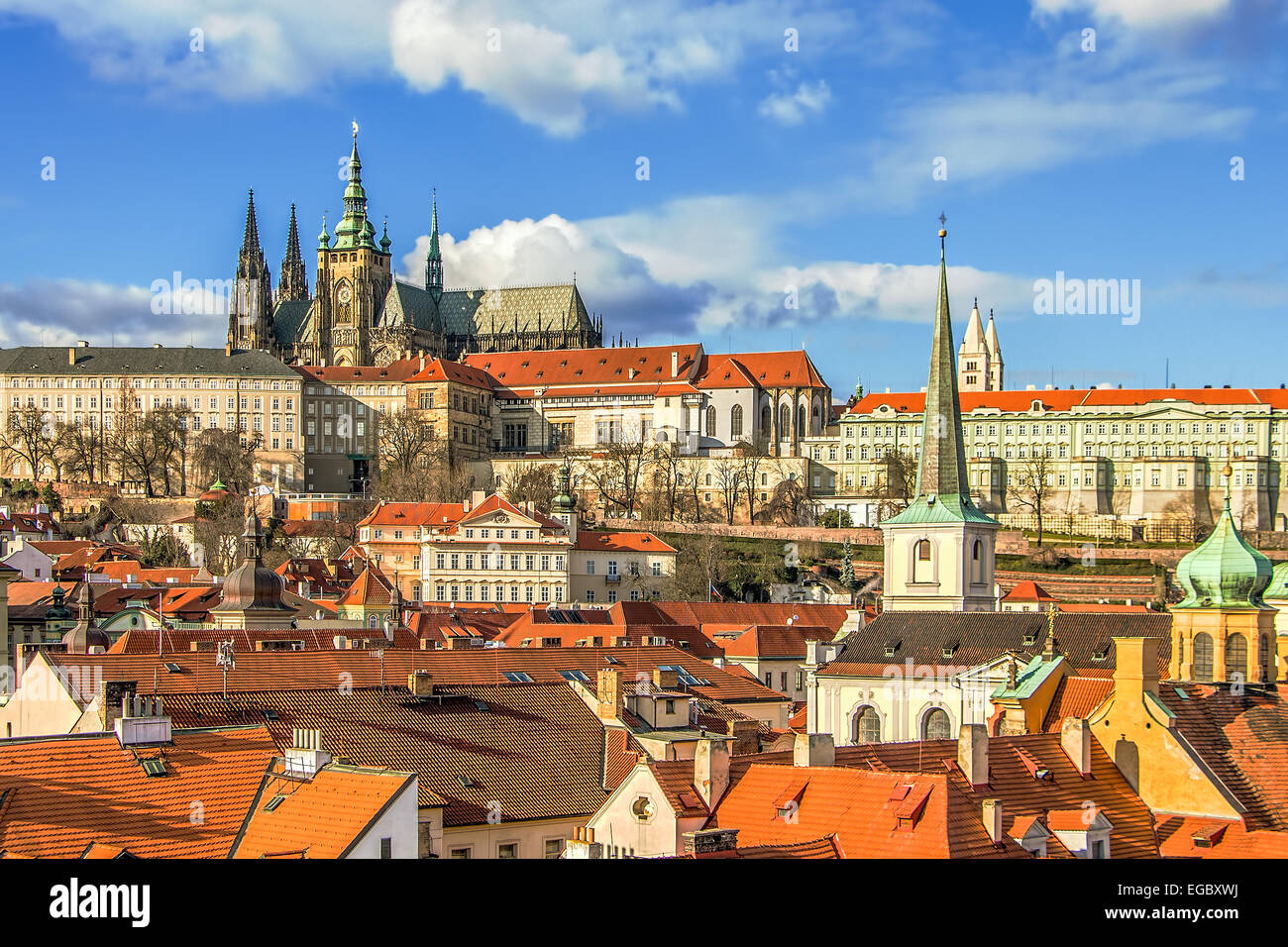 View at Prague roofs and towers with dominant feature of Prague Castle ...