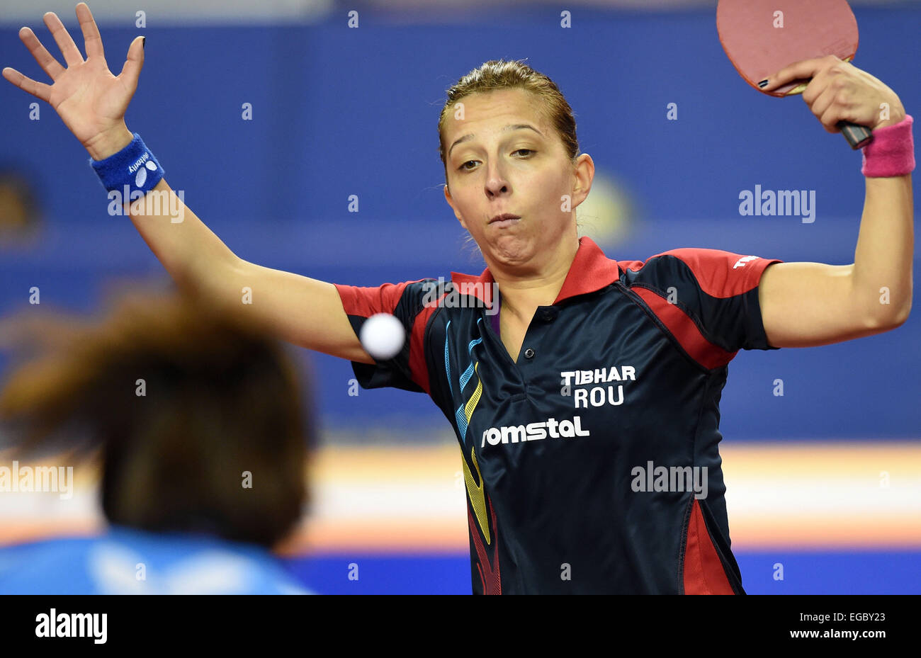 Doha, Qatar. 22nd Feb, 2015. Elizabeta Samara of Romania returns the ...