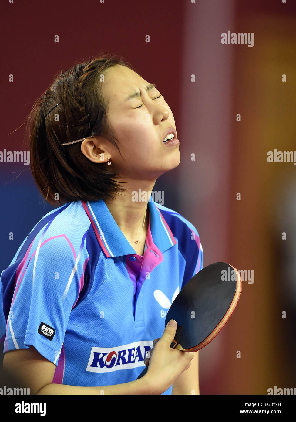 Doha, Qatar. 22nd Feb, 2015. Yang Ha Eun of South Korea reacts during ...