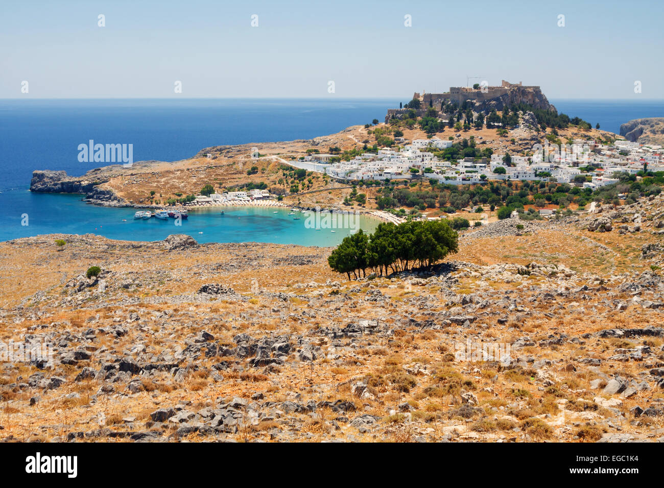 Lindos, castle above on the Greek Island of Rhodes Stock Photo - Alamy