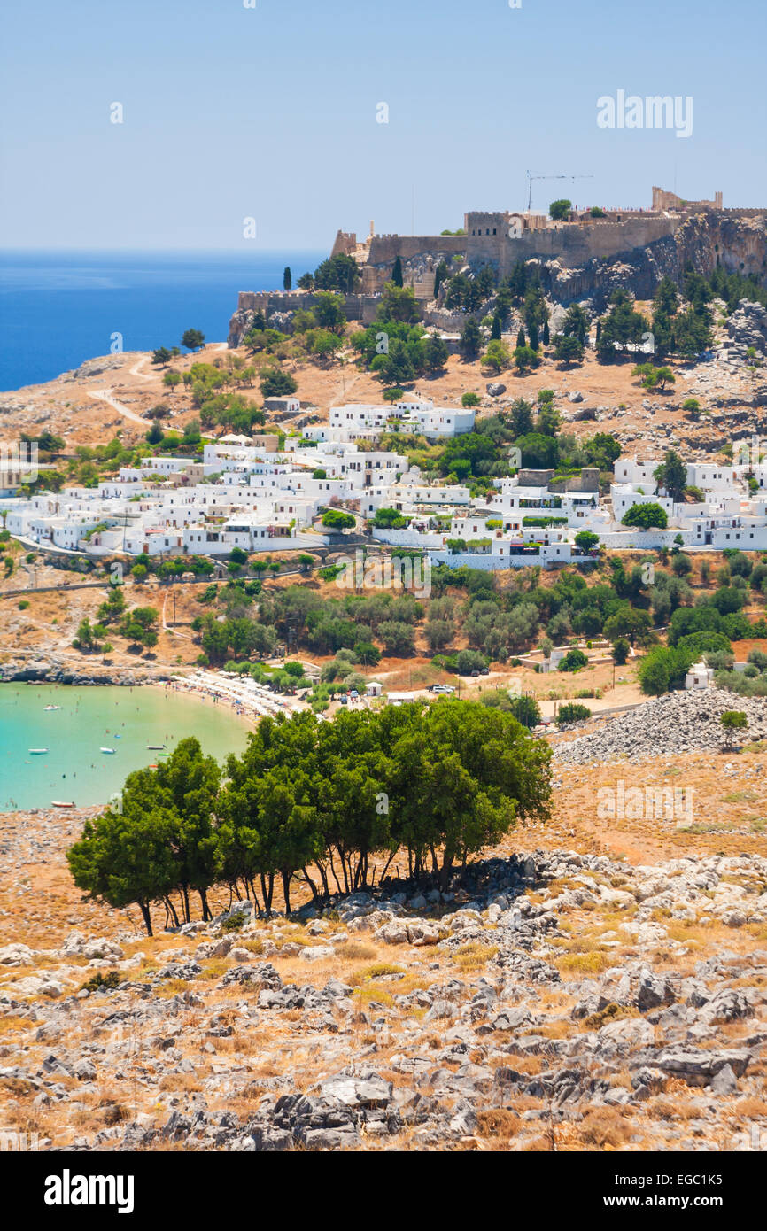 Lindos, castle above on the Greek Island of Rhodes Stock Photo - Alamy