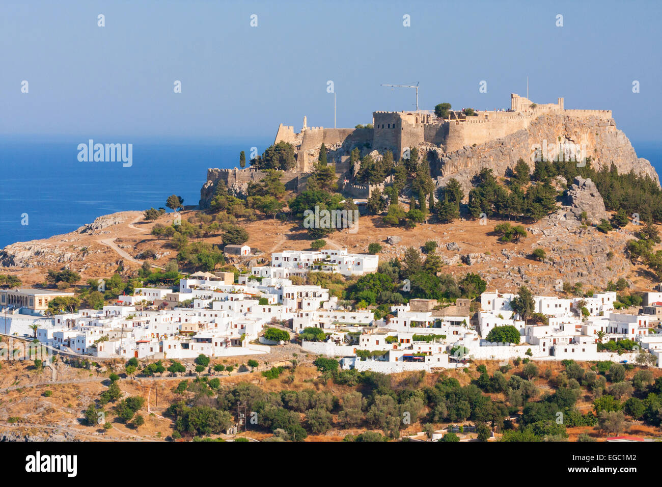 Lindos, castle above on the Greek Island of Rhodes Stock Photo - Alamy
