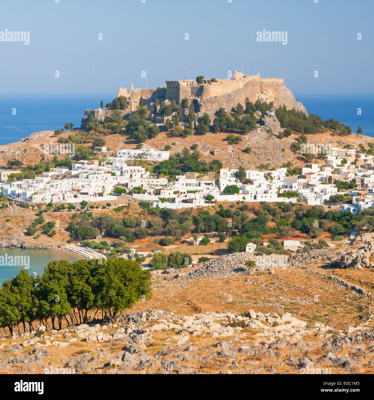 Lindos, castle above on the Greek Island of Rhodes Stock Photo - Alamy