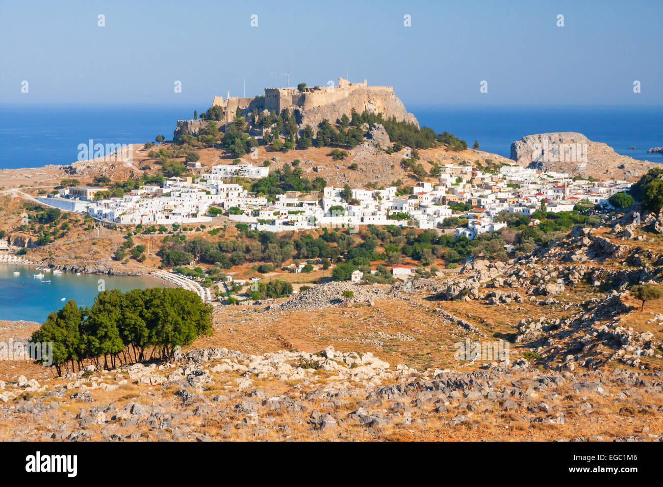 Lindos, castle above on the Greek Island of Rhodes Stock Photo - Alamy