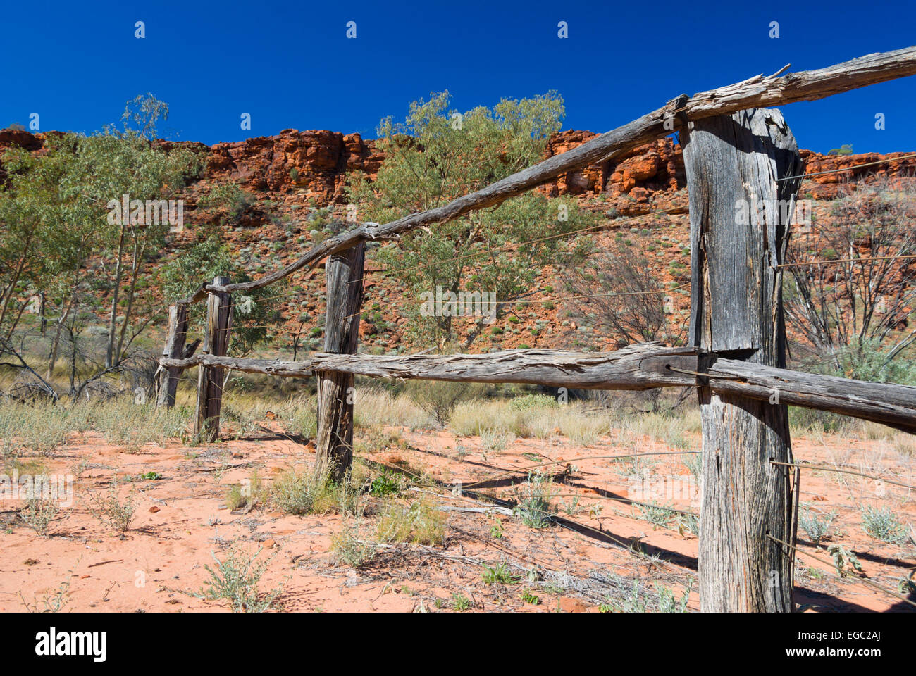 Old wooden fence at Kathleen Springs in Watarrka National Park ...