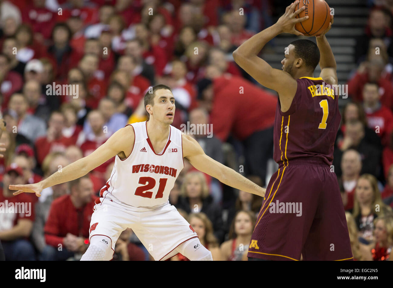 February 21, 2015: Wisconsin Badgers guard Josh Gasser #21 defends ...