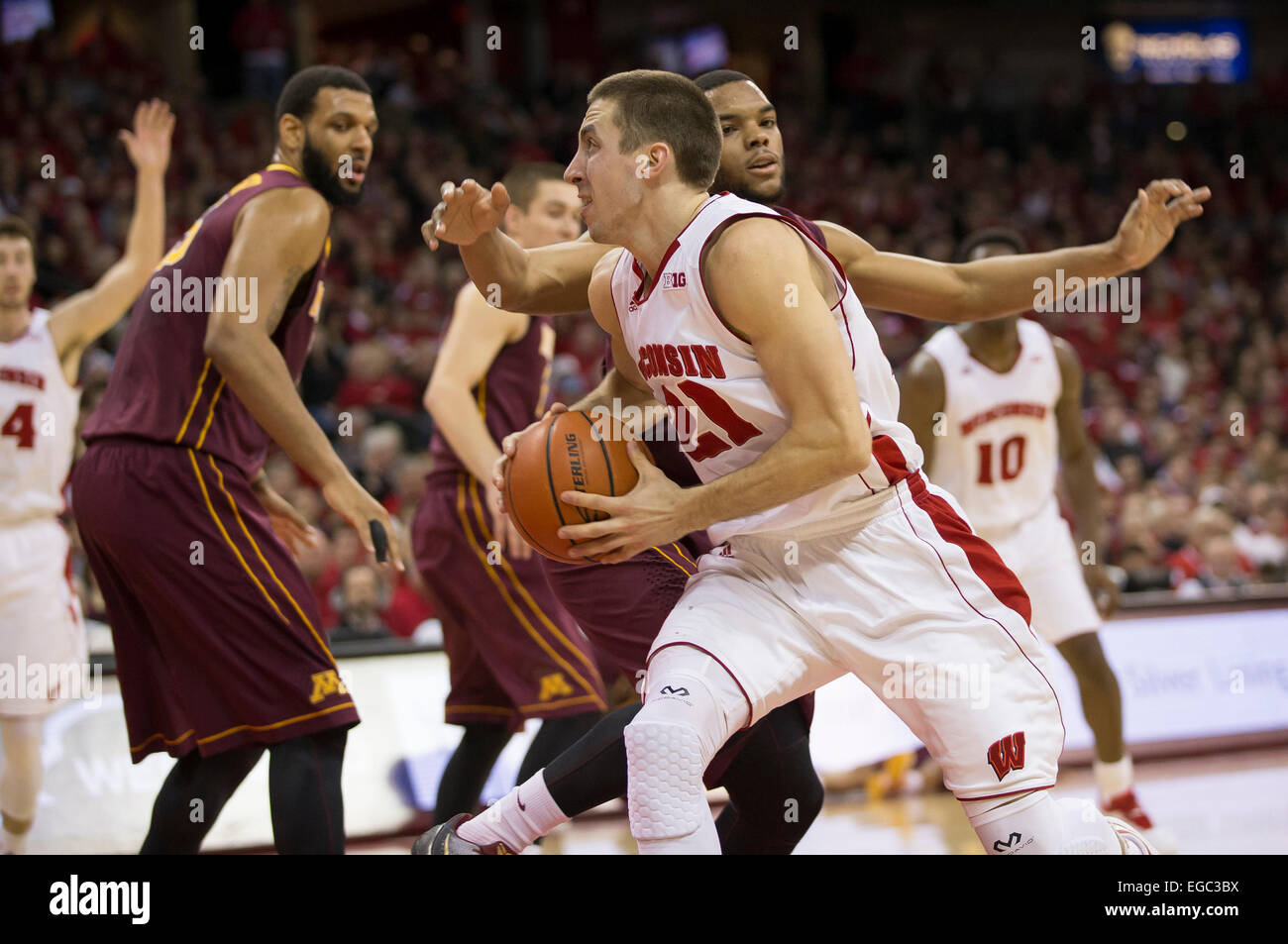 February 21, 2015: Wisconsin Badgers guard Josh Gasser #21 drives ...