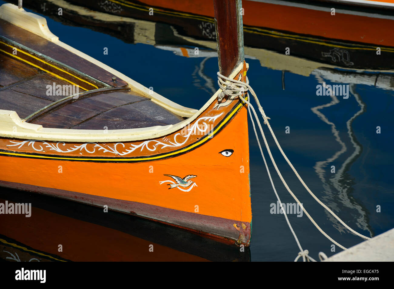 Traditional luzzu fishing boat with phoenician eye, Vittoriosa, Birgu ...