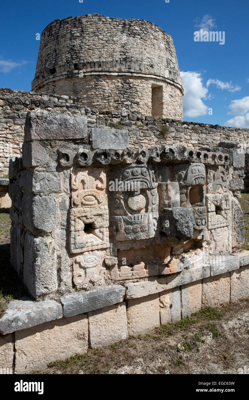 Chac mask and the Observatory, Mayan ruins at Mayapan, Yucatan, Mexico ...