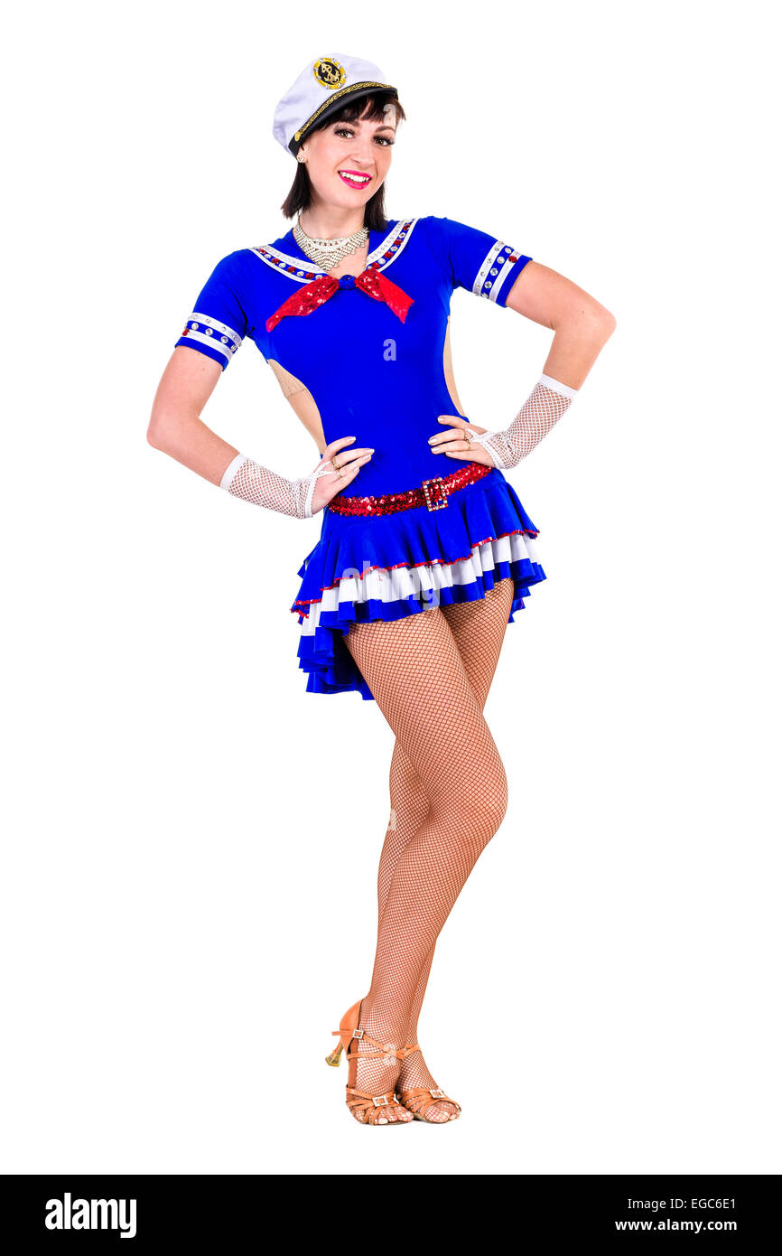 young dancer woman dressed as a sailor posing on an isolated white ...