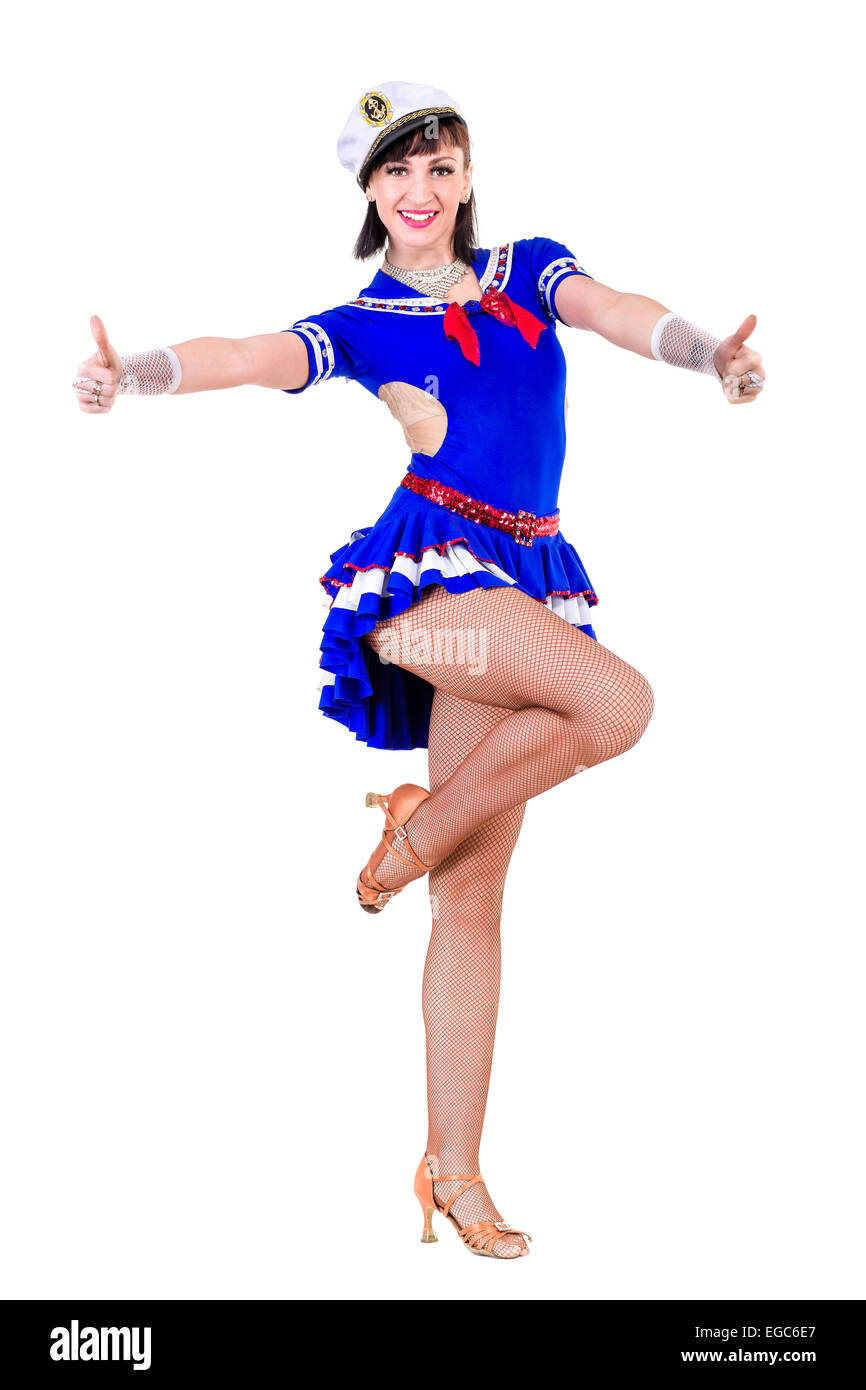 young dancer woman dressed as a sailor posing on an isolated white ...
