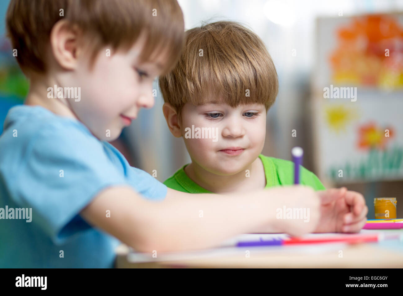 kids boys painting in nursery at home Stock Photo - Alamy