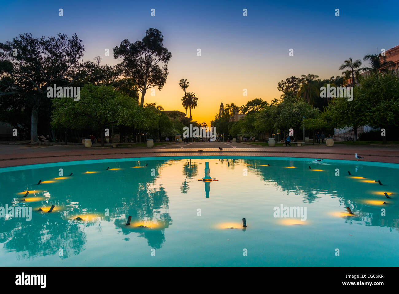 Blue pool in Balboa Park at sunset, in San Diego, California Stock ...