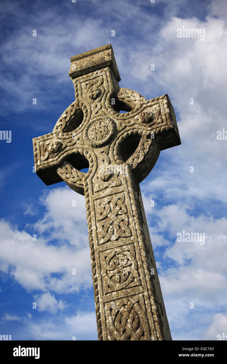 Elaborately carved Celtic cross at Clonmacnoise monastery in County ...