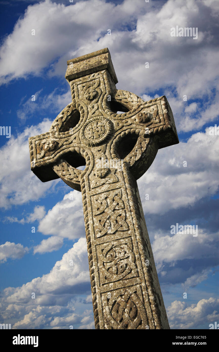 Elaborately carved Celtic cross at Clonmacnoise monastery in County ...