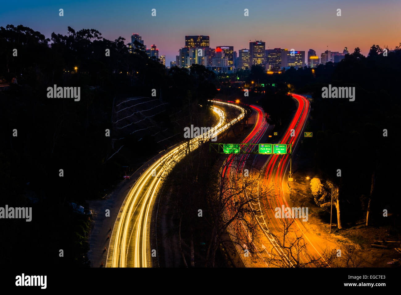 California Route 163 and the San Diego Skyline at night, seen from the ...