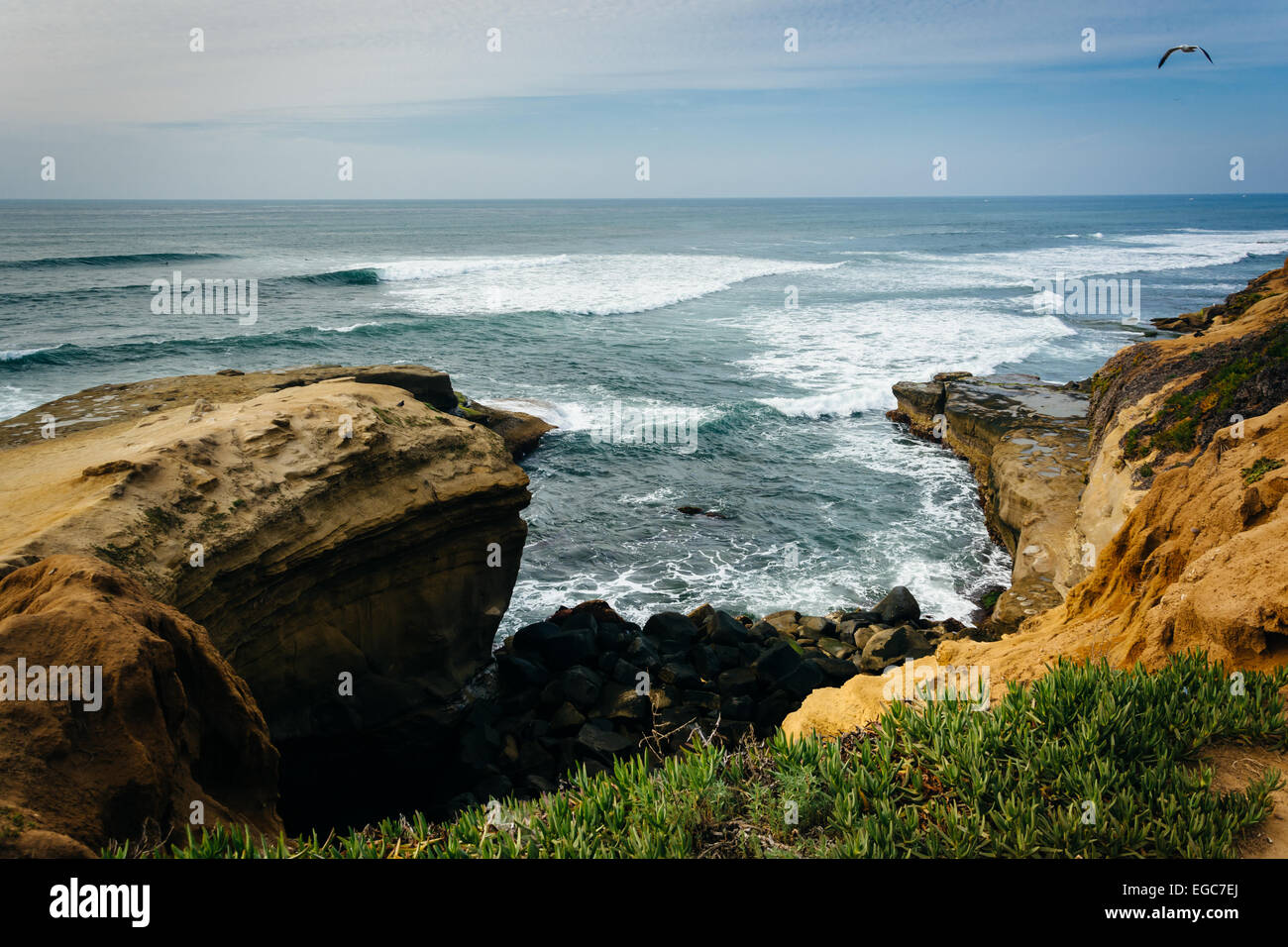 Cliffs along the Pacific Ocean at Sunset Cliffs Natural Park in Point ...