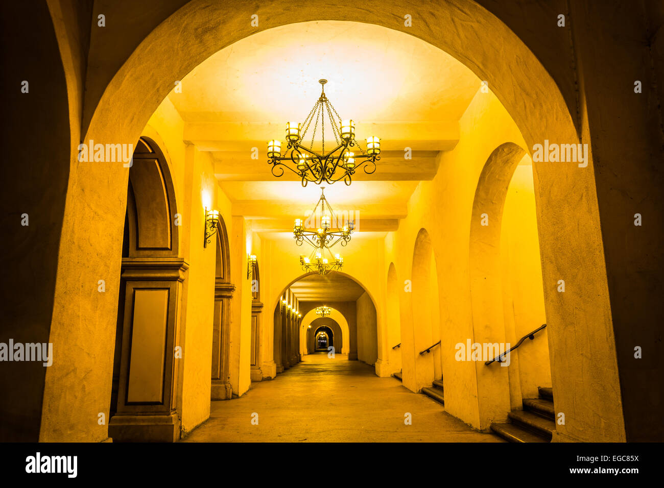 Hallway at night, in Balboa Park, San Diego, California Stock Photo - Alamy