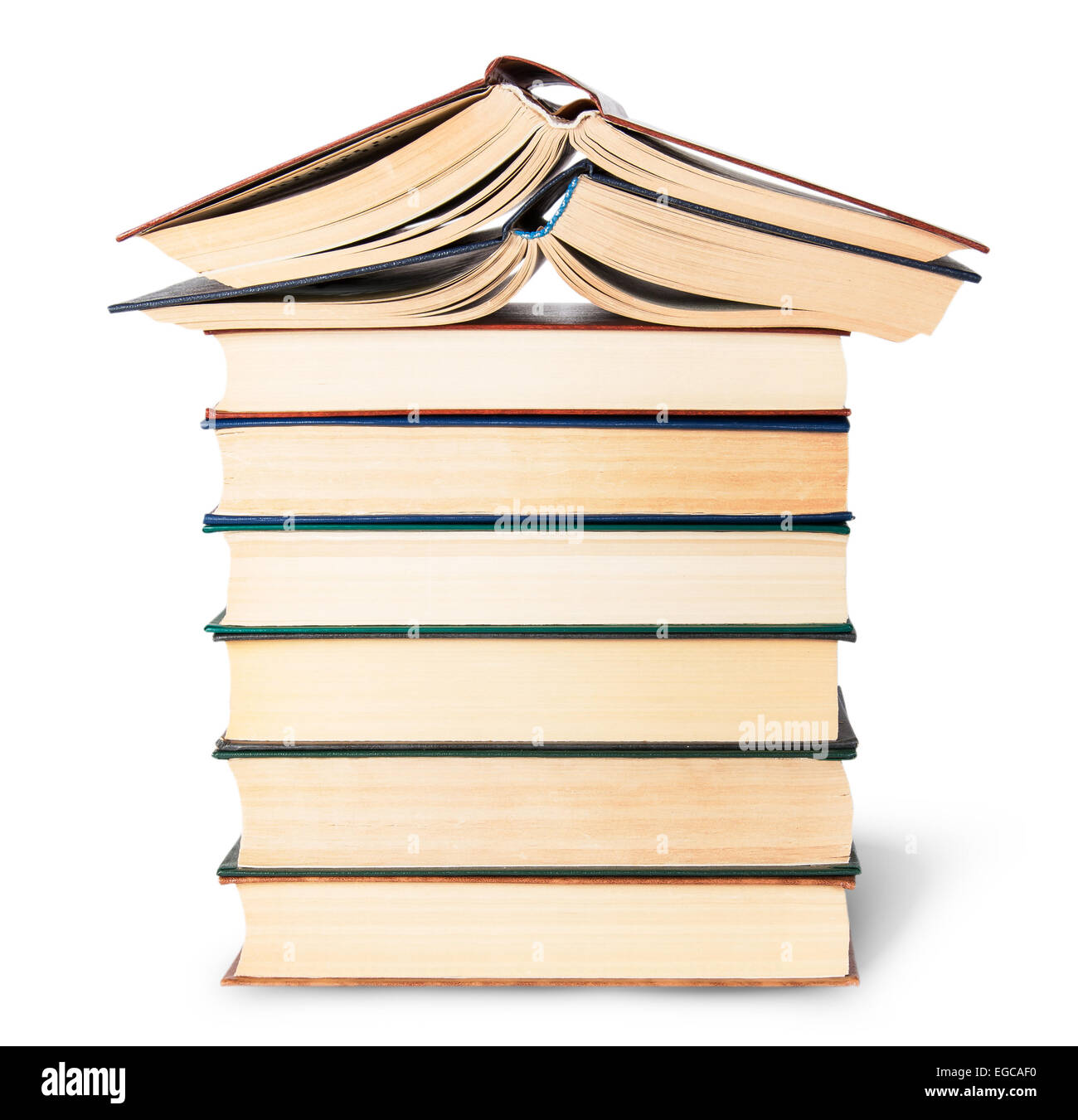 Stack of six old books with two open top isolated on white background ...