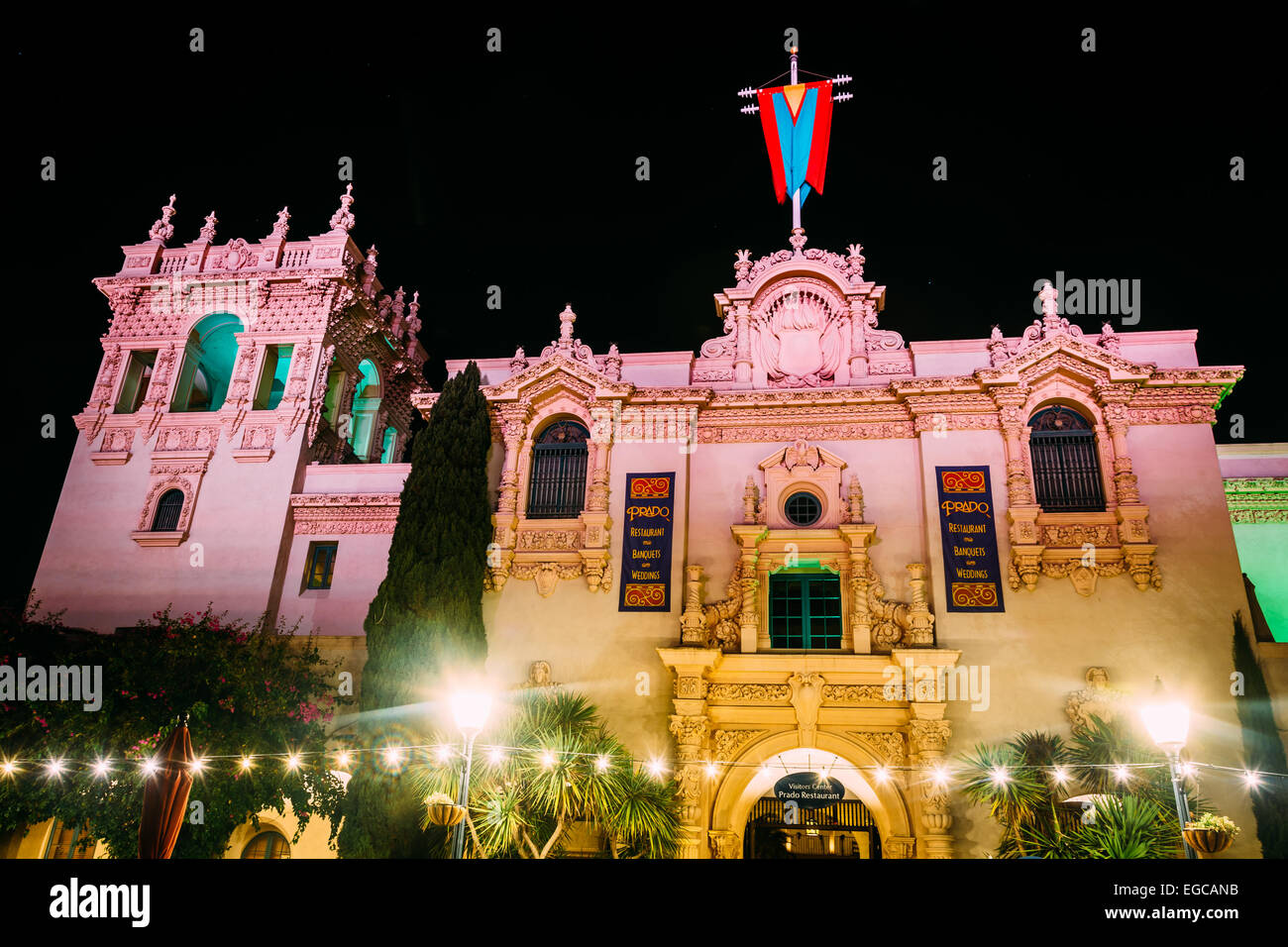 The Prado Restaurant at night, in Balboa Park, San Diego, California ...