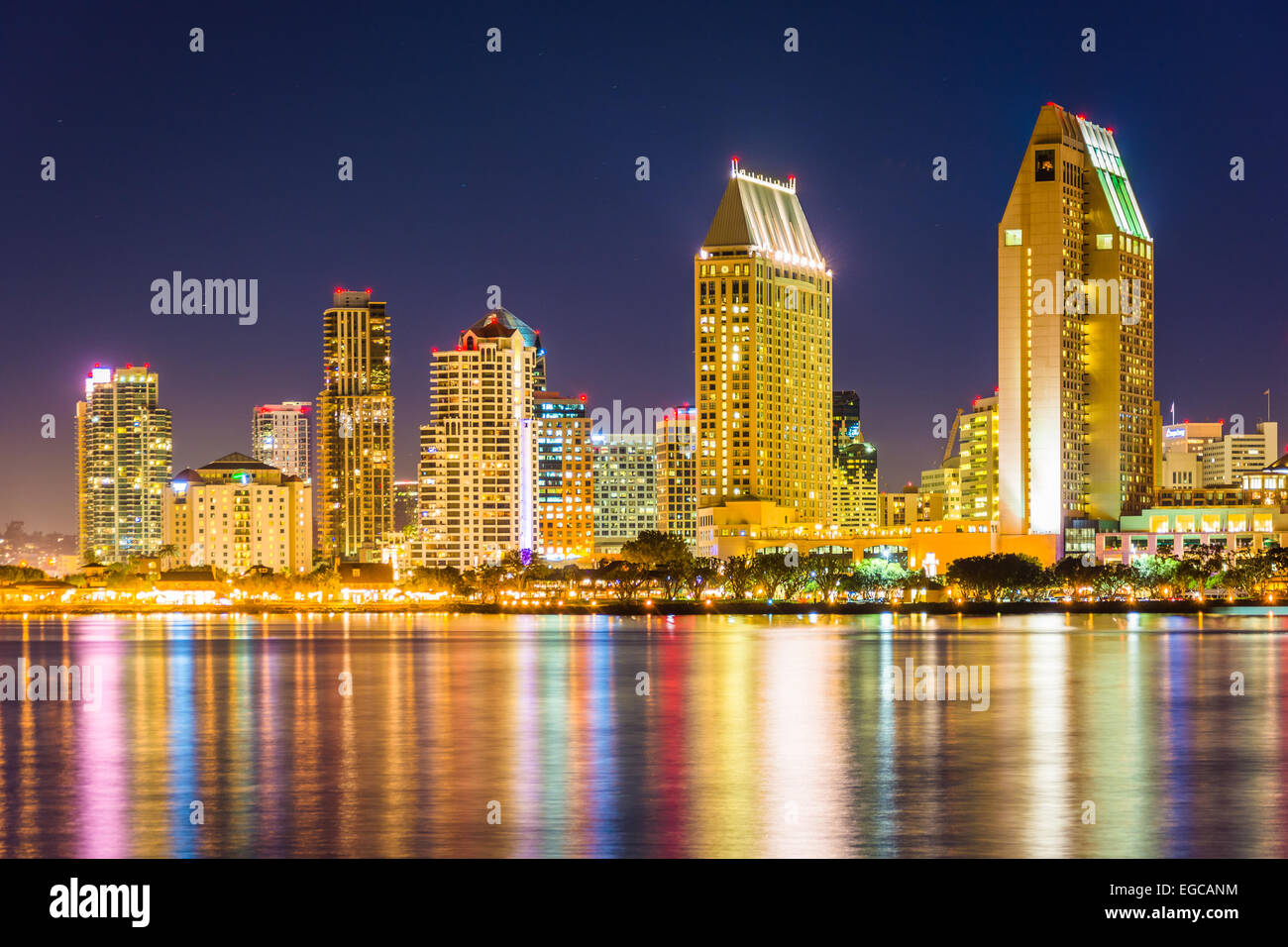 The San Diego skyline at night, seen from Centennial Park, in Coronado ...