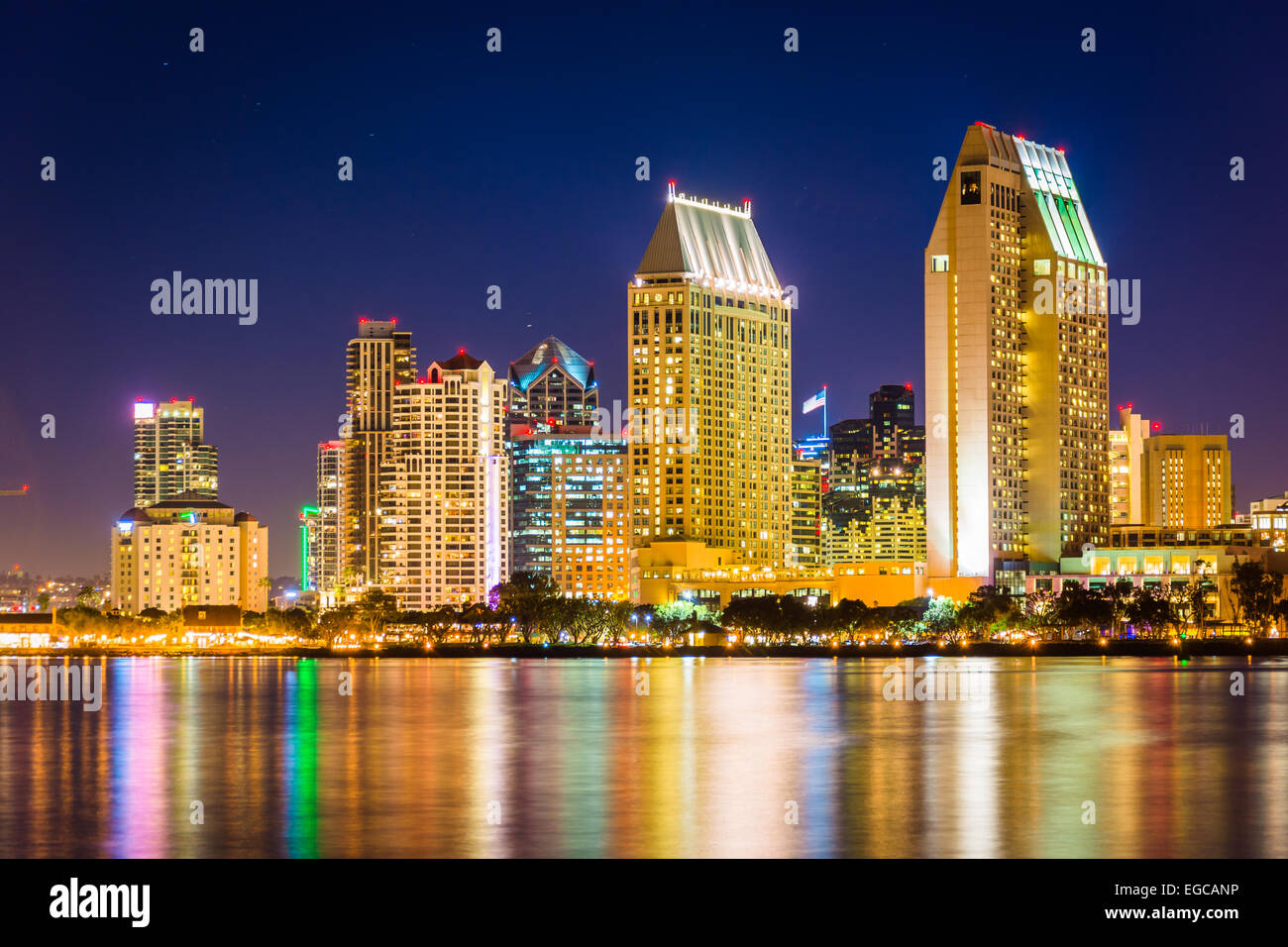 The San Diego skyline at night, seen from Centennial Park, in Coronado ...