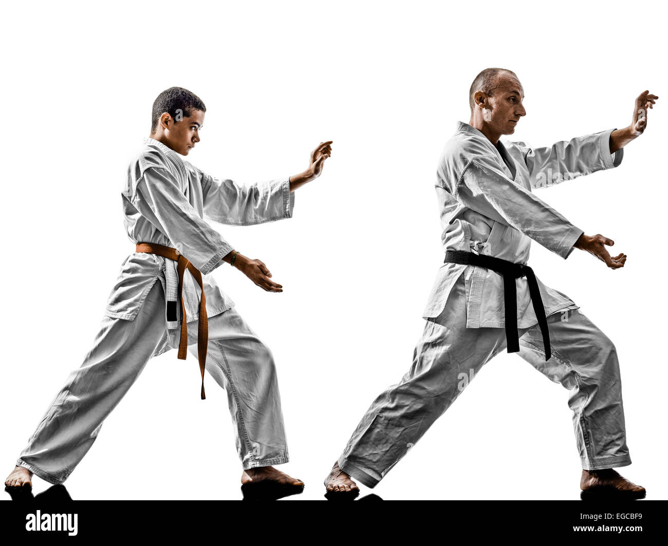 two karate men sensei and teenager student teacher teaching isolated on ...