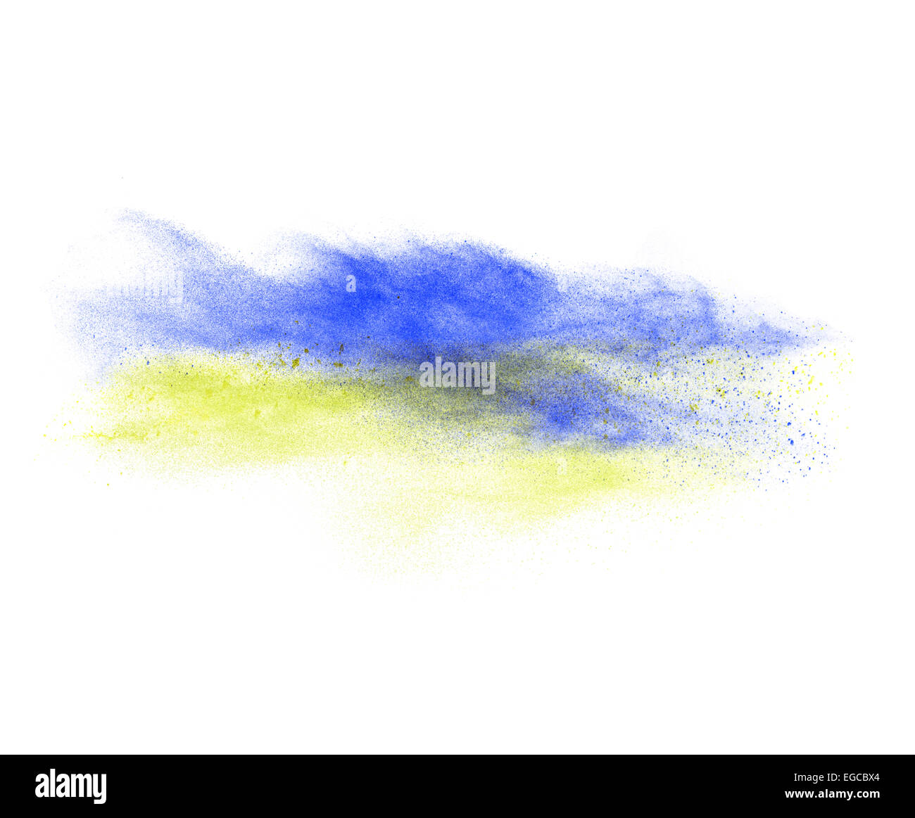 Blue and yellow powder explosion isolated on white background Stock ...