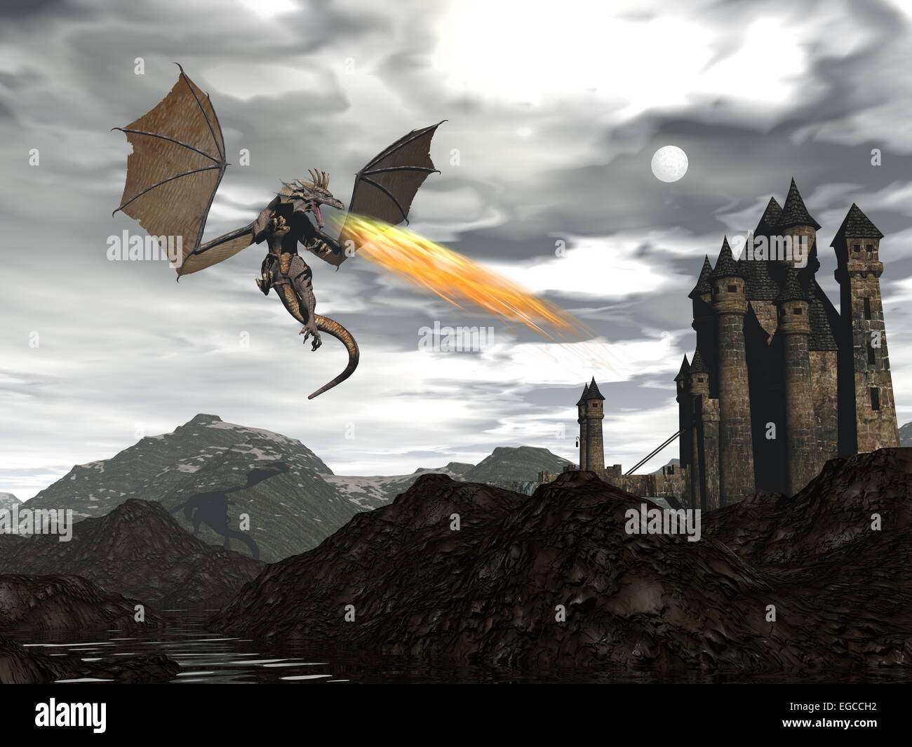 Dragon spitting fire upon old castle by night - 3D render Stock Photo ...