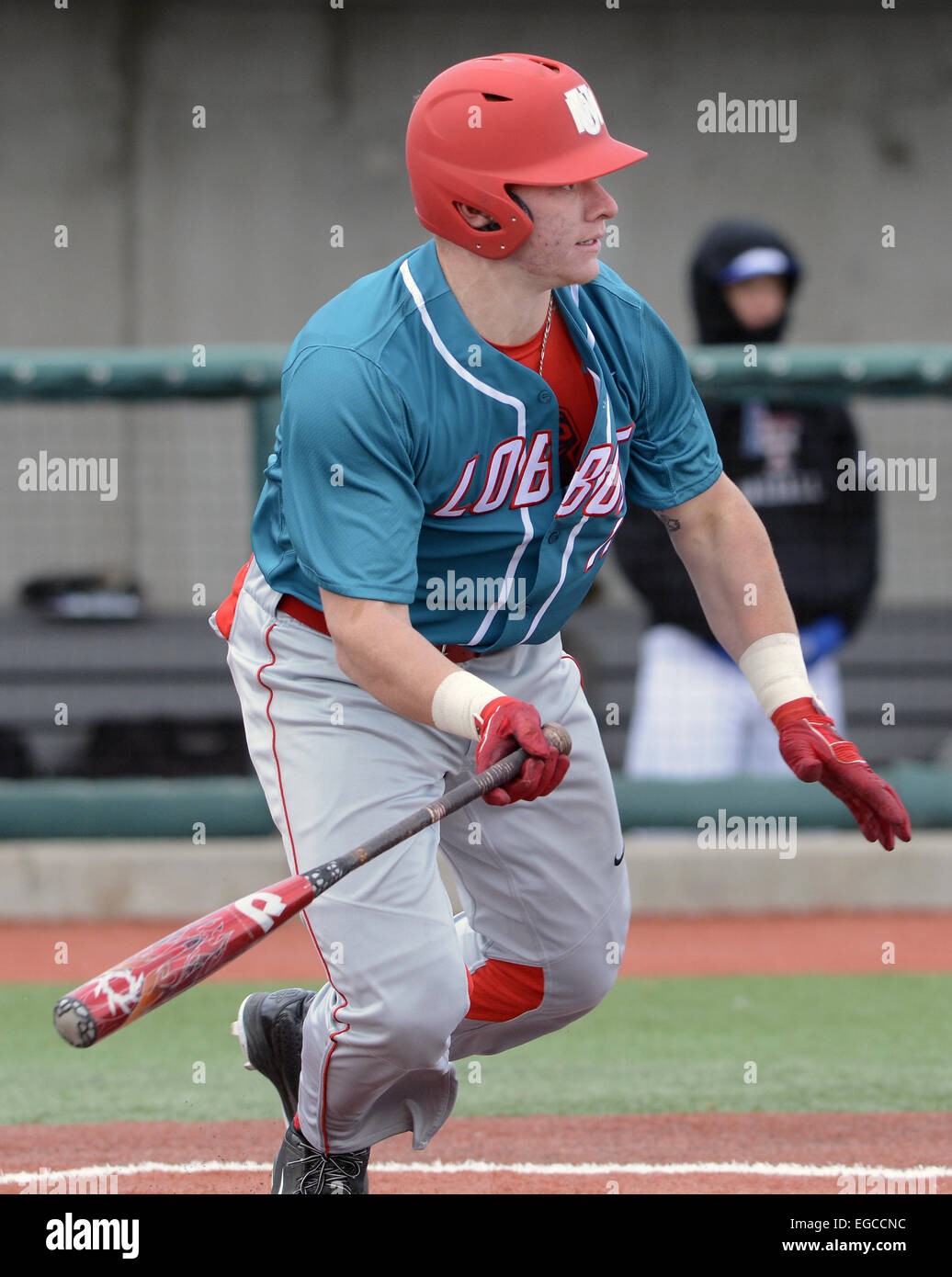 Usa. 22nd Feb, 2015. SPORTS -- The Lobos' Chris DeVito watches his hit ...