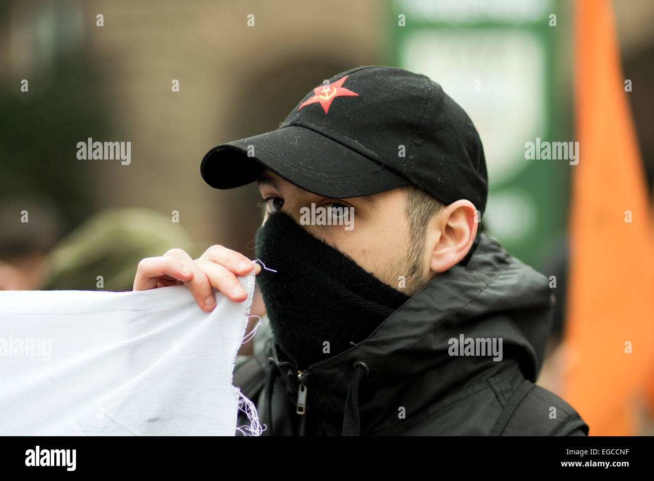 Demonstrators gather under the motto ”NATO out" in front of the ...