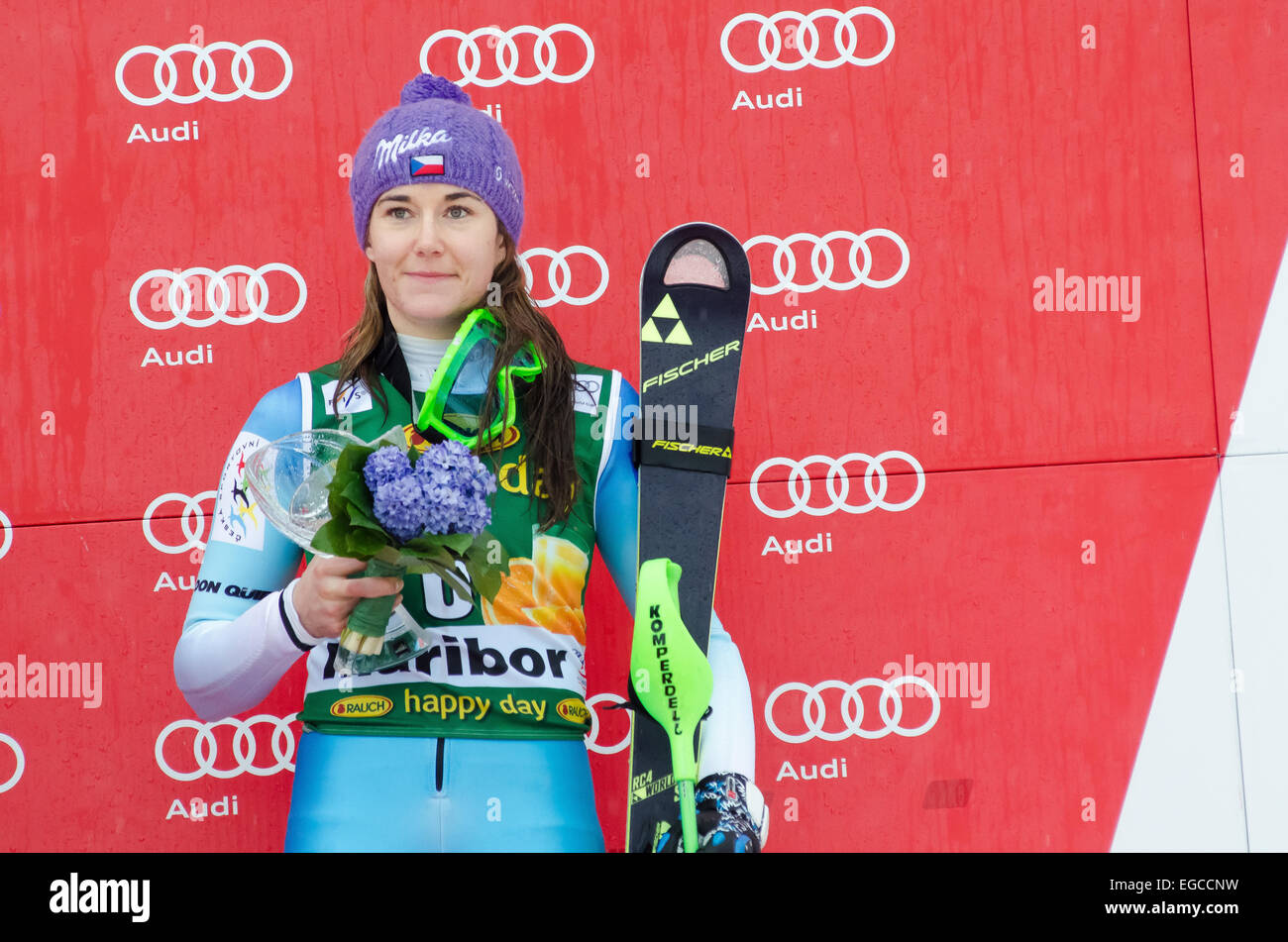 Sarka Strachova (CZE) on the podium celebrating her third place Slalom ...