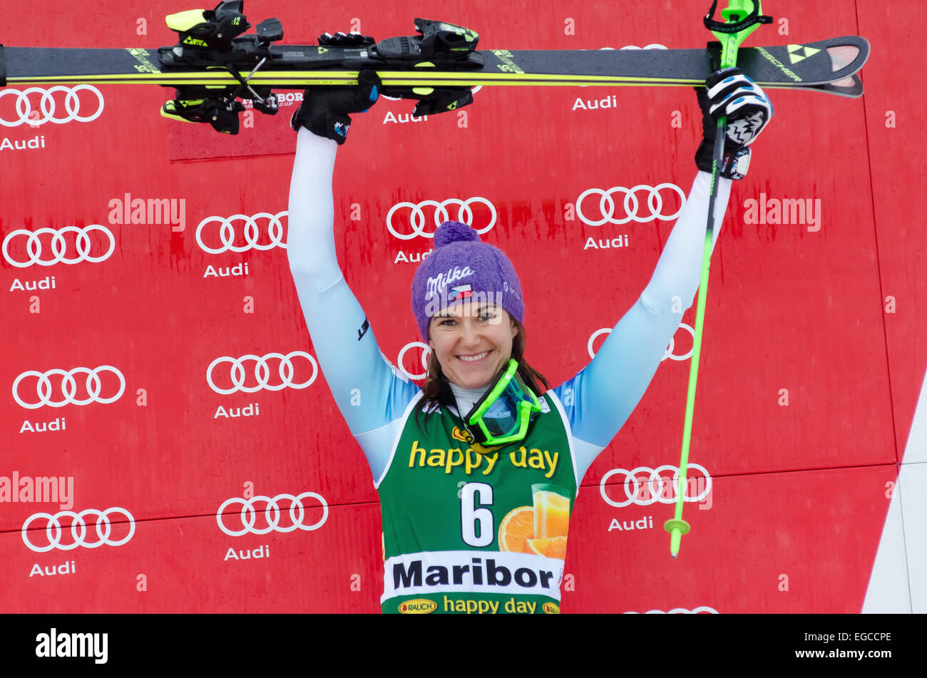 Sarka Strachova (CZE) on the podium celebrating her third place Slalom ...