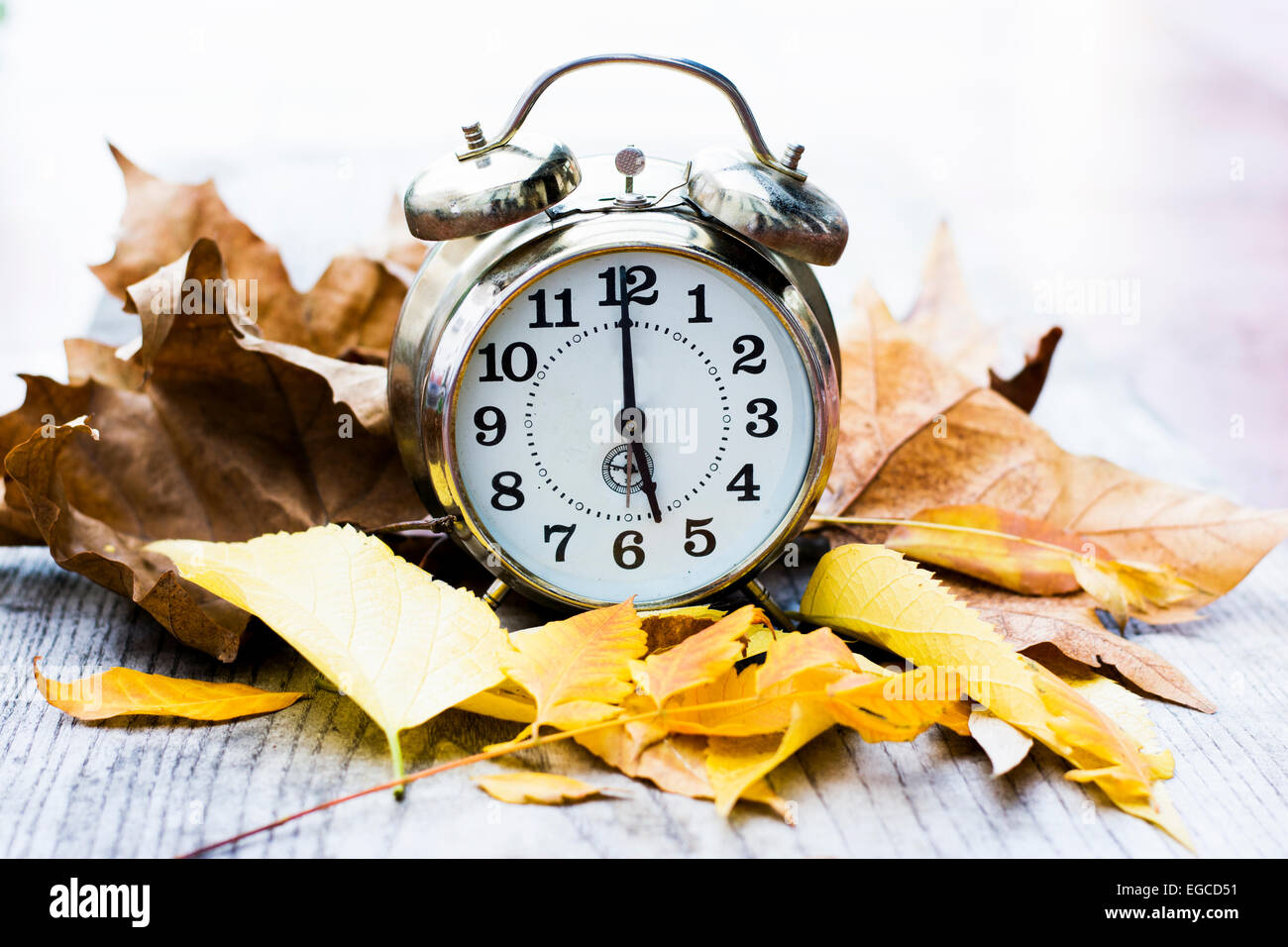 Retro metal clock standing on wooden table with leaves laying around ...