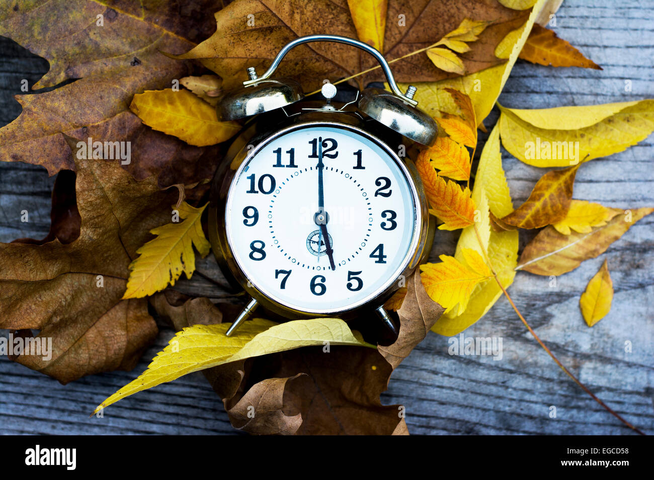 Retro metal clock standing on wooden table with leaves laying around ...
