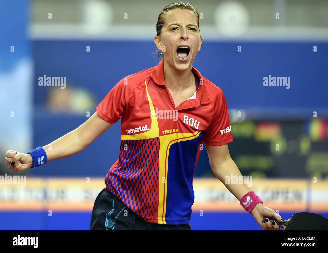 Doha, Qatar. 22nd Feb, 2015. Romania's Elizabeta Samara celebrates her ...