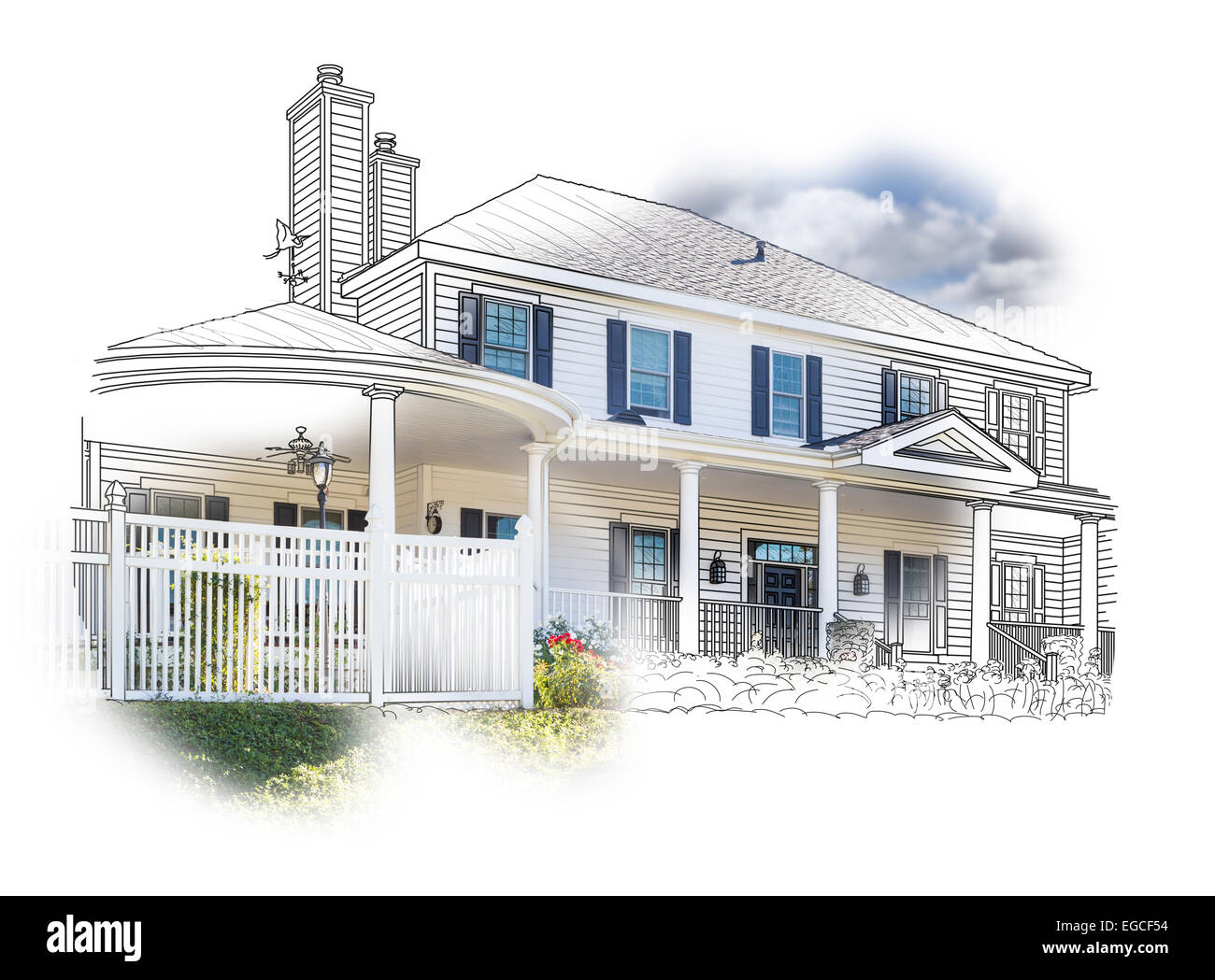 Custom House Drawing and Photo Combination on White Background Stock ...