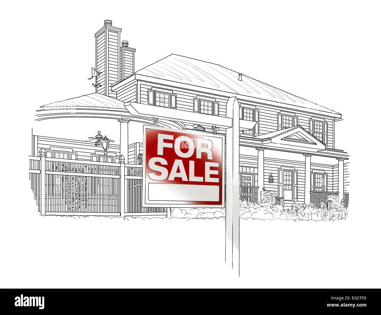 Custom House and For Sale Real Estate Sign Drawing on White Background ...