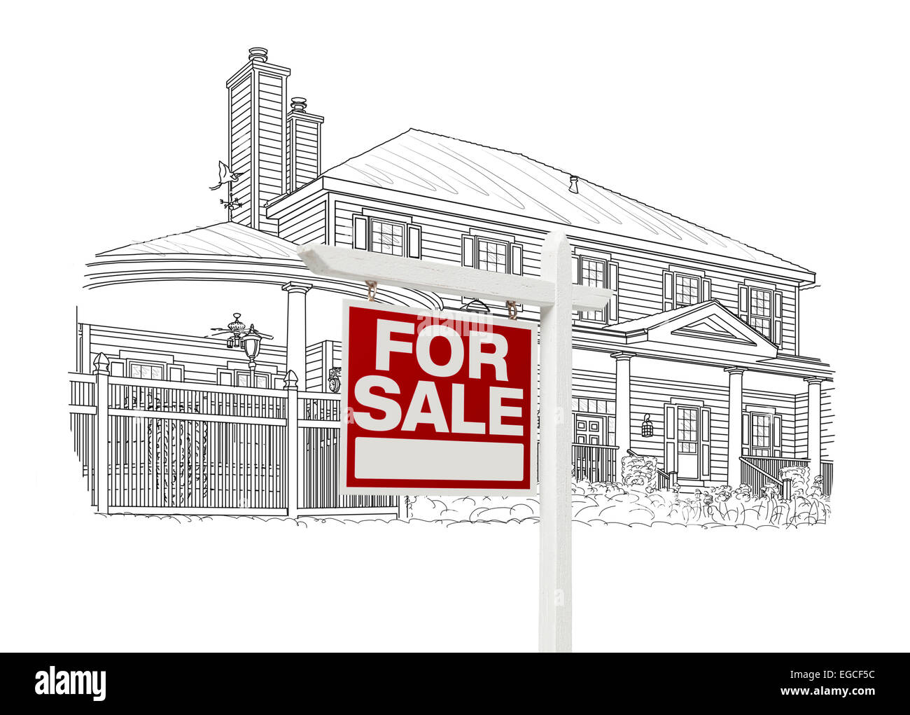Custom House and For Sale Real Estate Sign Drawing on White Background ...